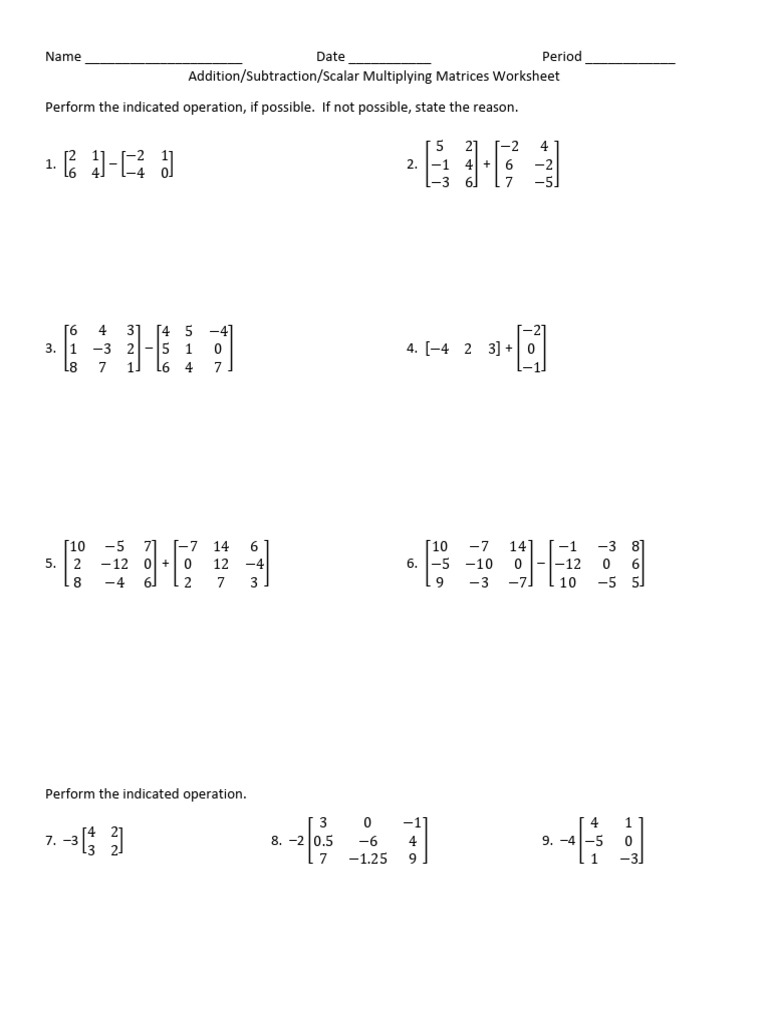 Add Subt Scalar Mult Matrices Worksheet | PDF | Matrix (Mathematics) | Linear Algebra