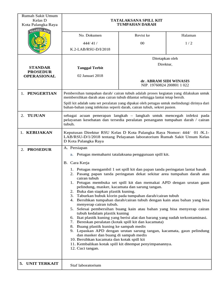 SOP Penggunaan Spill Kit Tumpahan Darah | PDF
