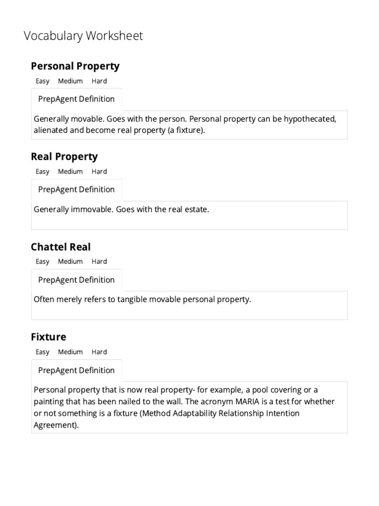Vocabulary Worksheet Prepagent | PDF | Lease | Leasehold Estate