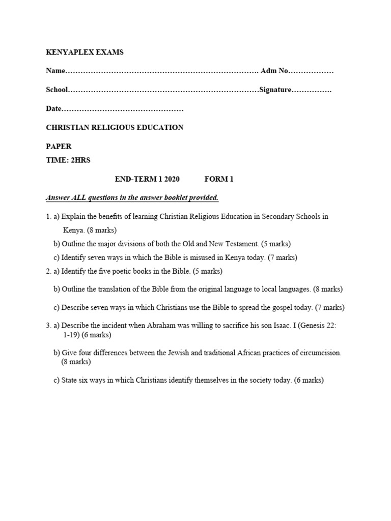 CRE Form 1 Term 1 | PDF