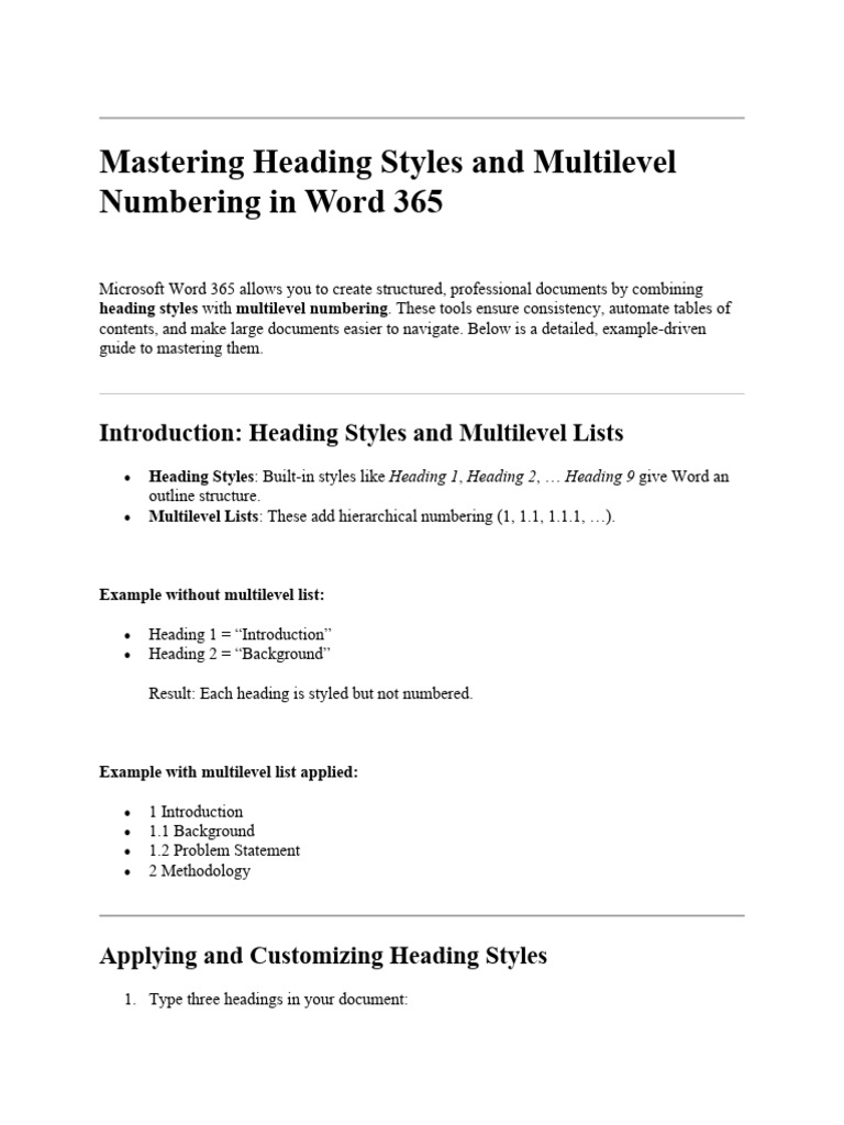 Mastering Heading Styles and Multilevel Numbering in Word 365 | PDF ...