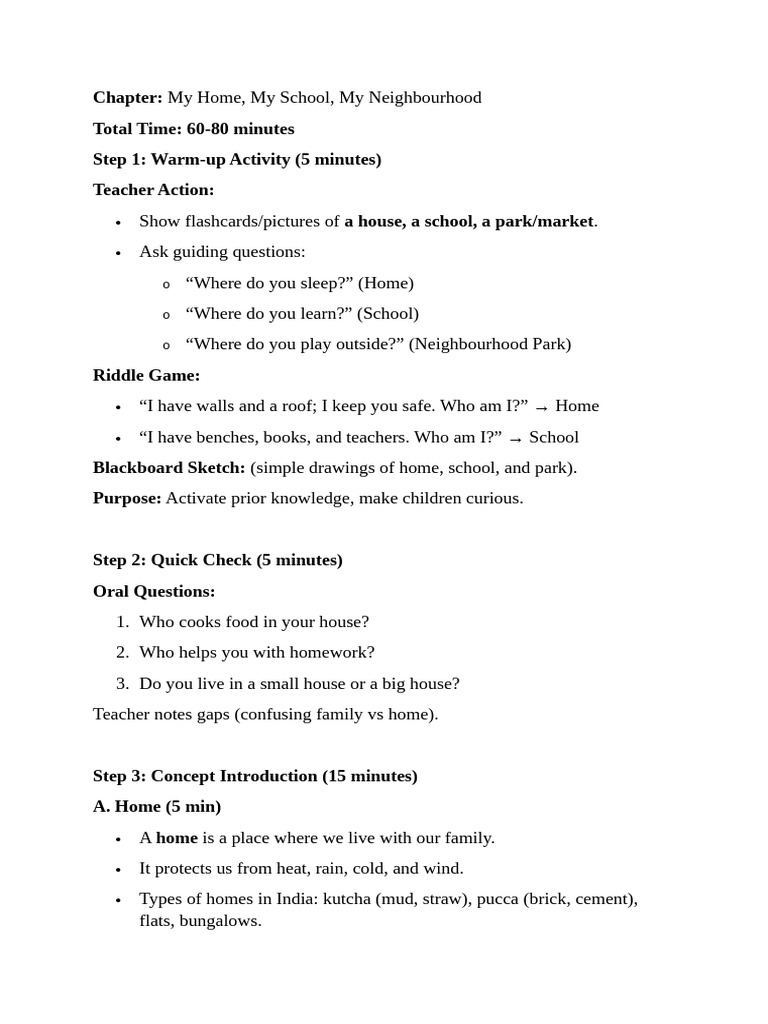 Class 1: Home, School, Neighbourhood Lesson | PDF | Learning