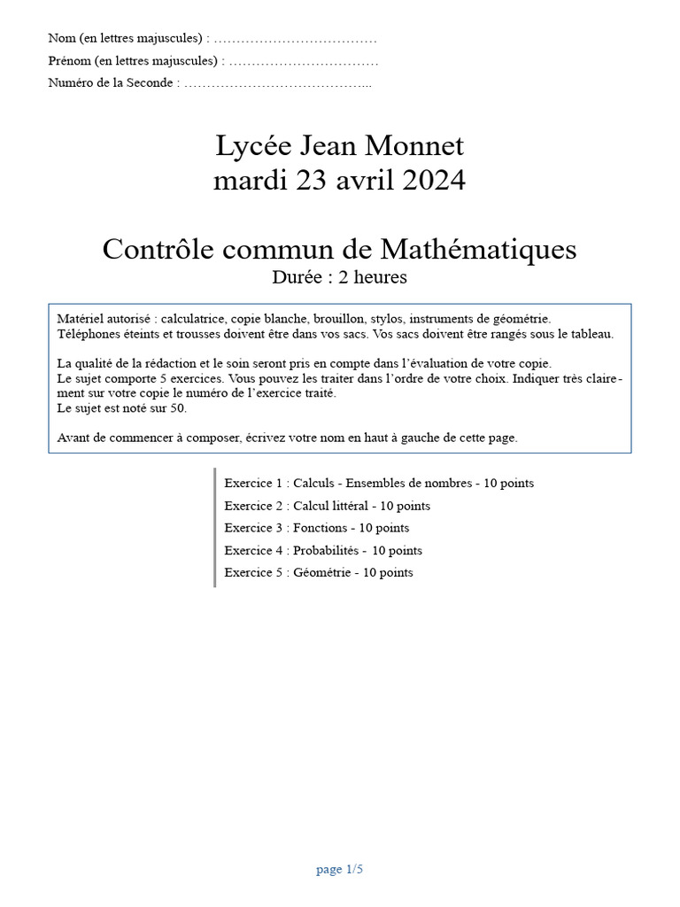 Contrôle de Mathématiques - Seconde 2024 | PDF | Nombre rationnel ...