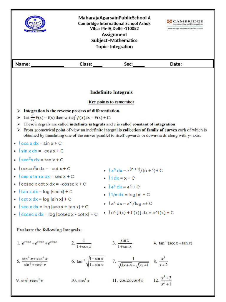 Assignment Integral Class 12 | PDF