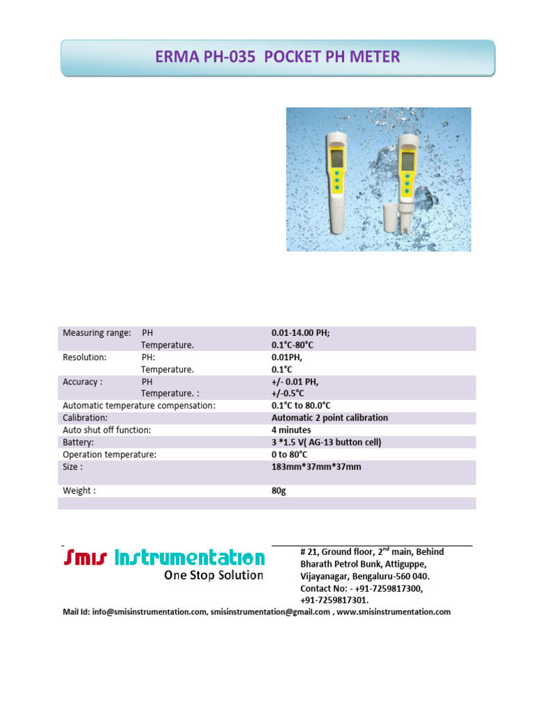 ERMA PH-035 Pocket pH Meter Specs | PDF