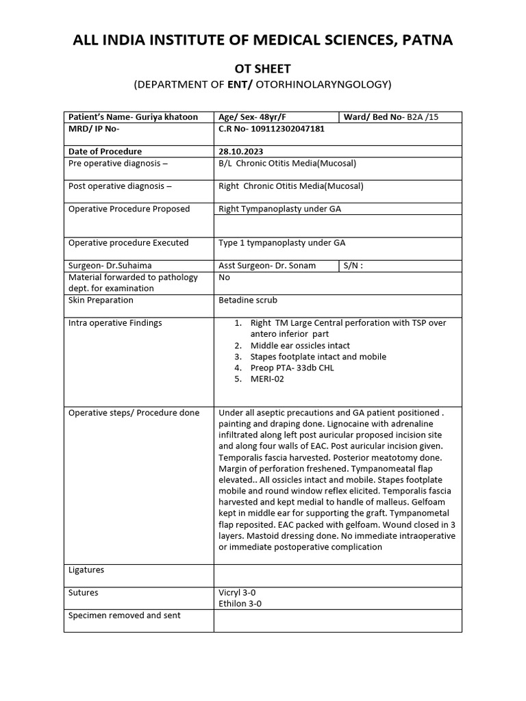 Guriya Khatoon Left Tympanoplasty(2) | PDF | Ear | Clinical Medicine