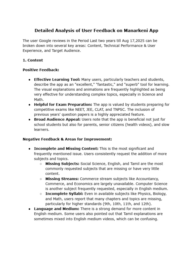 Manarkeni App User Feedback Analysis | PDF | Mobile App | Google Play
