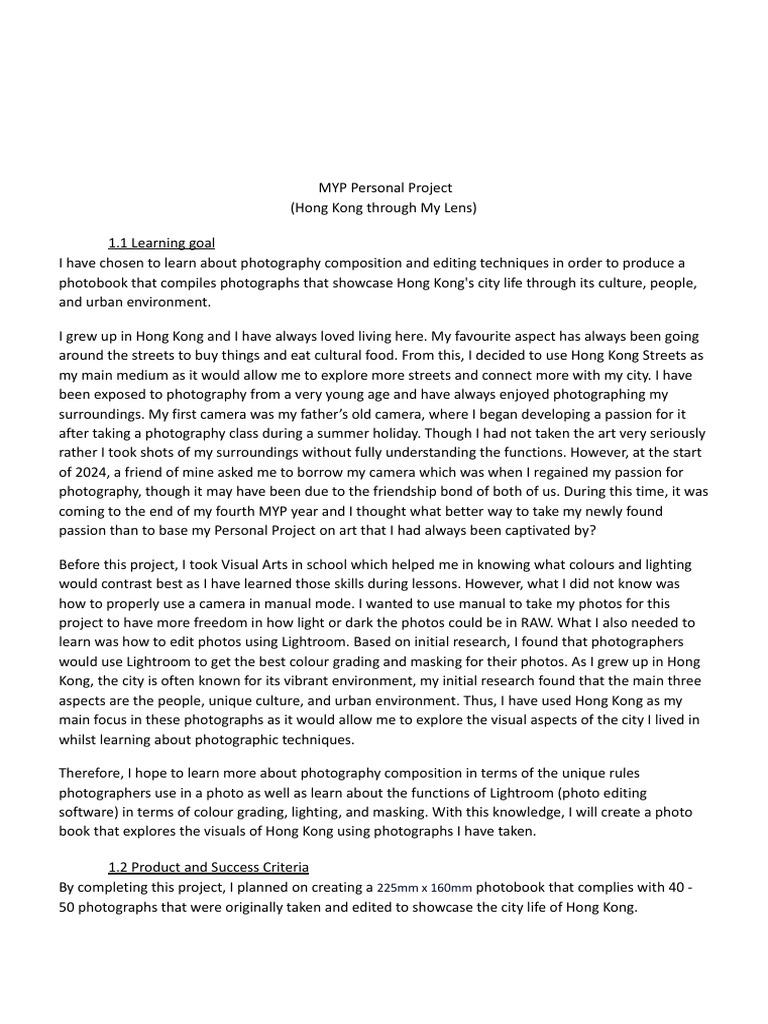 Personal Project Report | PDF | Photograph | Composition (Visual Arts)