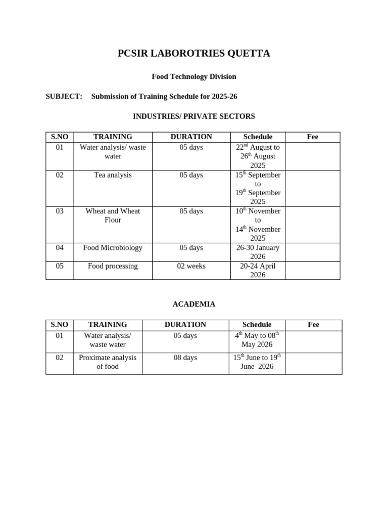 PCSIR Quetta 2025-26 Training Schedule | PDF