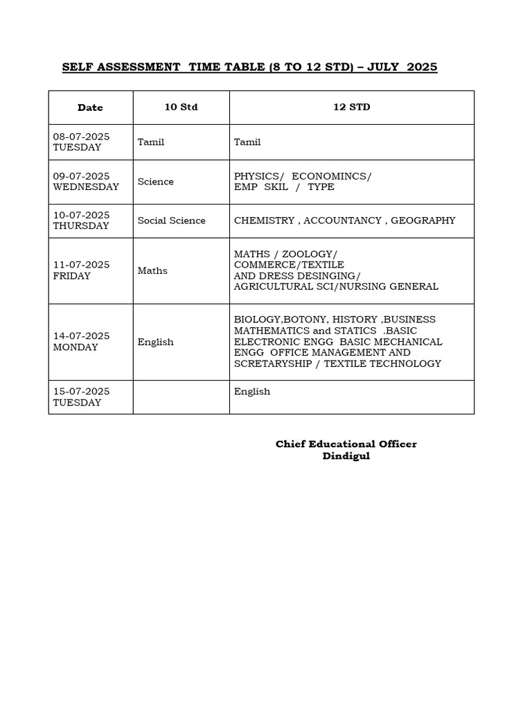SELF ASSESSMENT Test Time Table | PDF