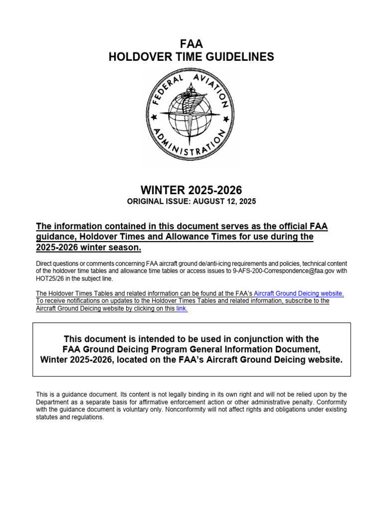 FAA Holdover Time Guidelines 2025-2026 | PDF | Precipitation | Snow