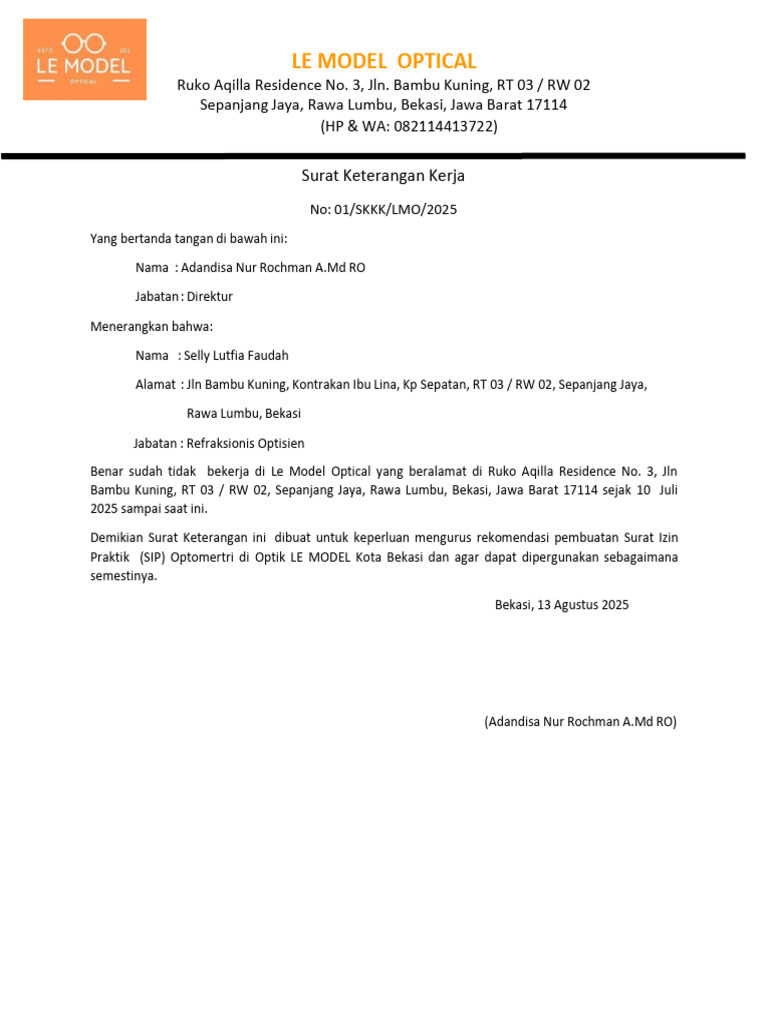 Surat Keterangan Kerja Karyawan (Selly) | PDF