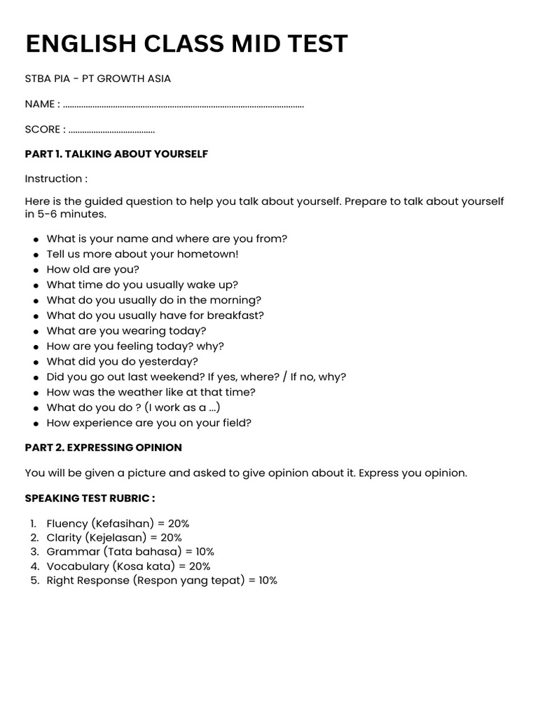 English Class Mid Test Guidelines | PDF