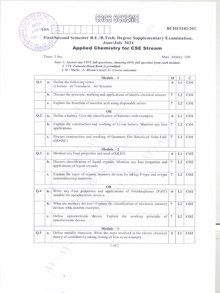 Applied Chemistry For CSE Stream-BCHES102-202 (S) | PDF