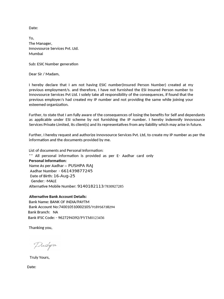 ESIC Number Generation Request Letter | PDF
