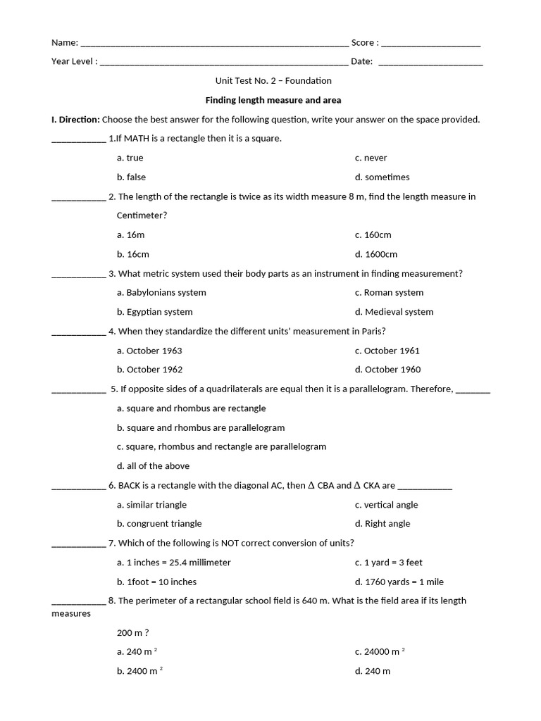 Foundation Unit Test: Area & Length Measurement | PDF | Area | Rectangle