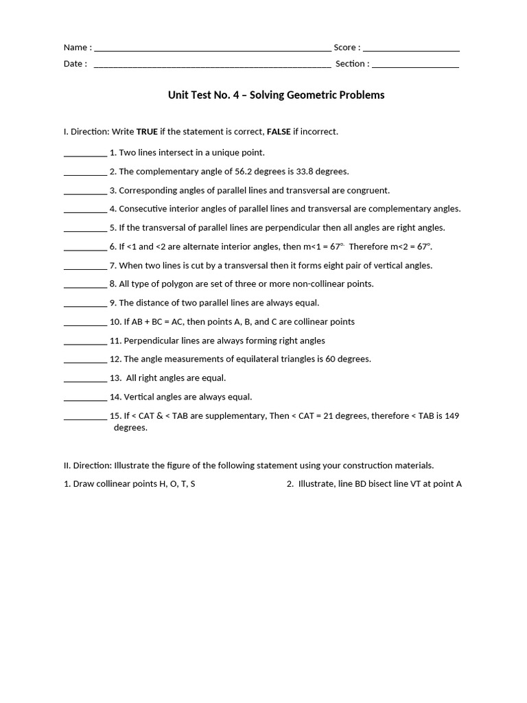 Geometric Problems Unit Test 4 | PDF | Geometry | Euclidean Geometry