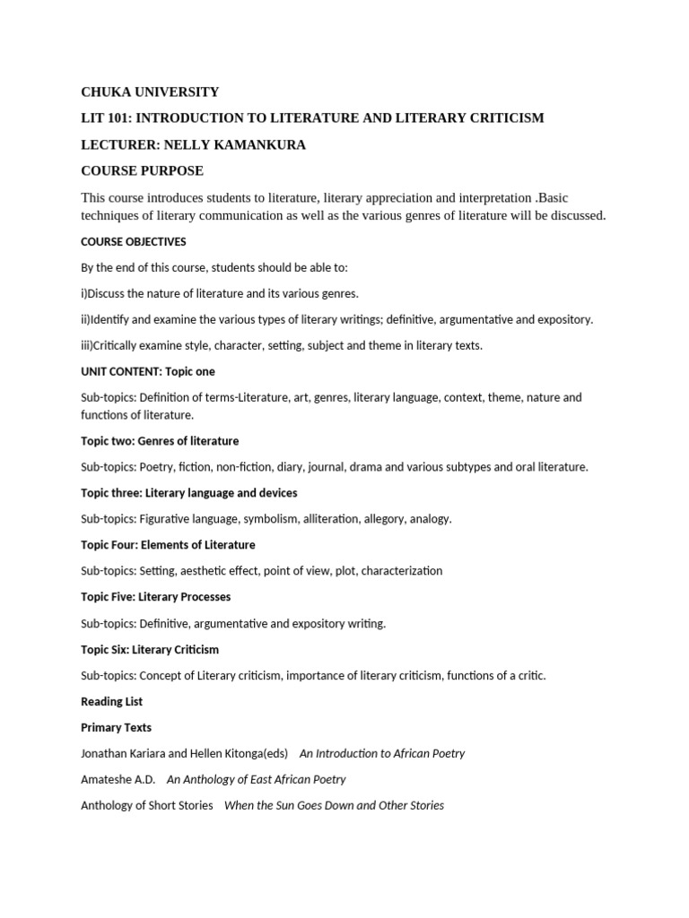 LIT 101: Intro to Literature Course | PDF