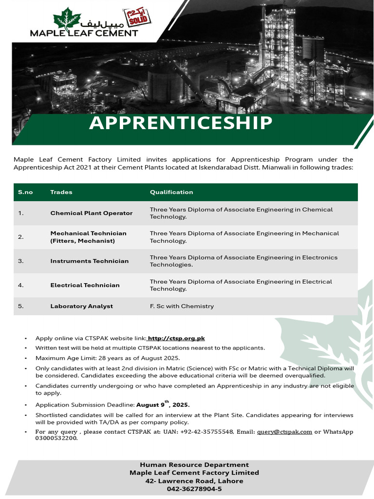 Maple Leaf Cement Apprenticeship Program | PDF