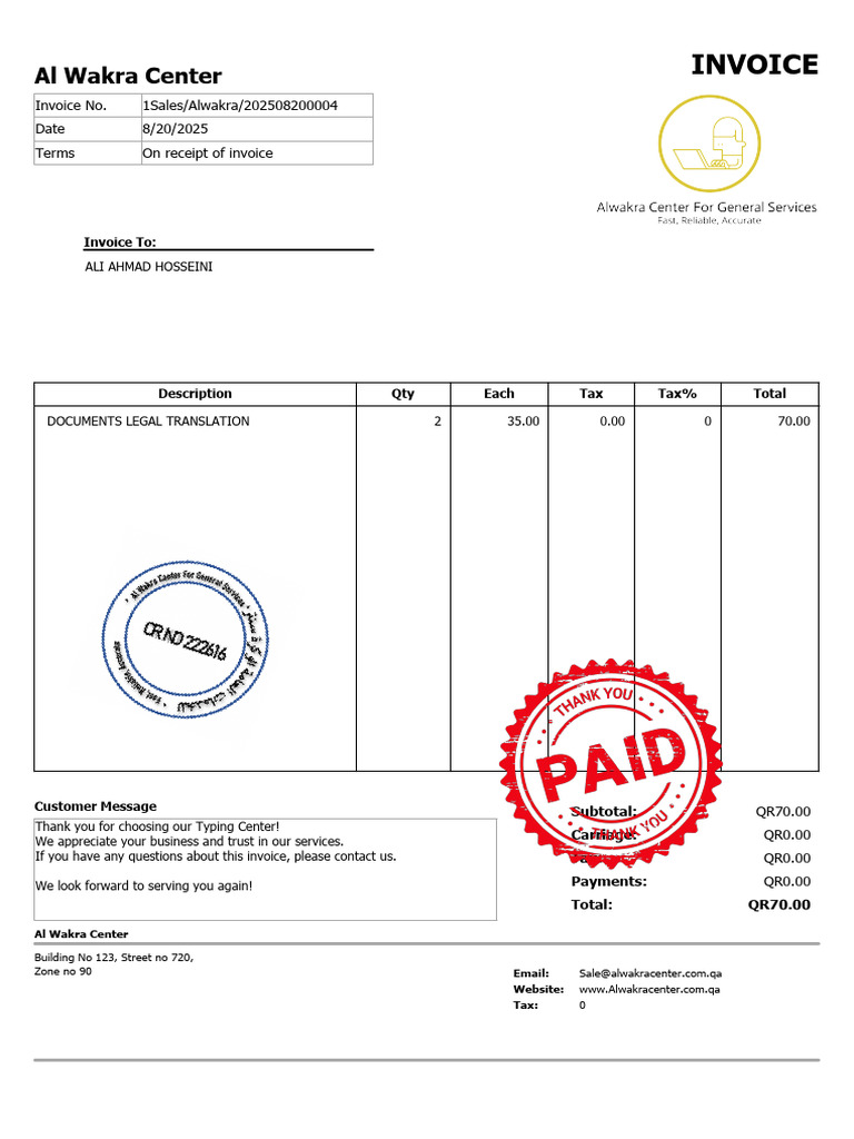 Invoice for Legal Translation Services | PDF