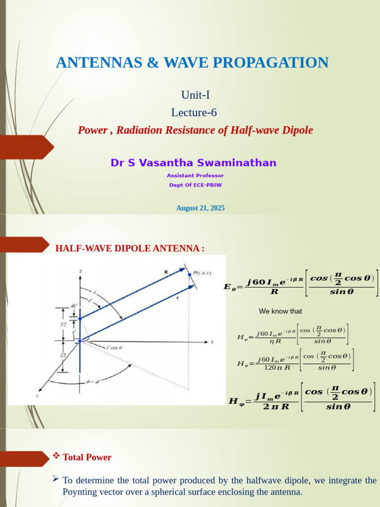 AWP Unit-1, Lec - 6, Power Calculation For Half Wave Dipole | PDF ...