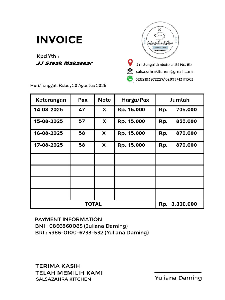 Invoice Catering JJ Steak 20 Agustus 2025 | PDF