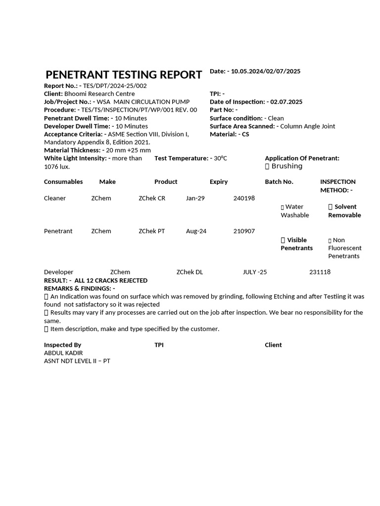 Penetrant Testing Report Report No 002 | PDF