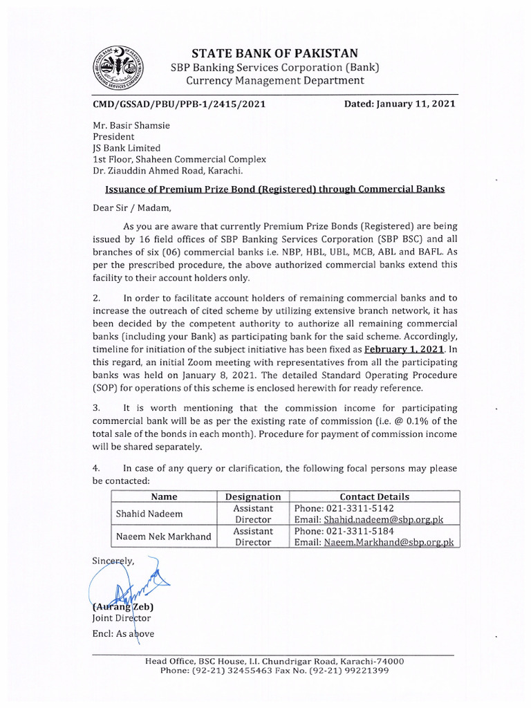 SBP BSC Letter To JS Bank | PDF