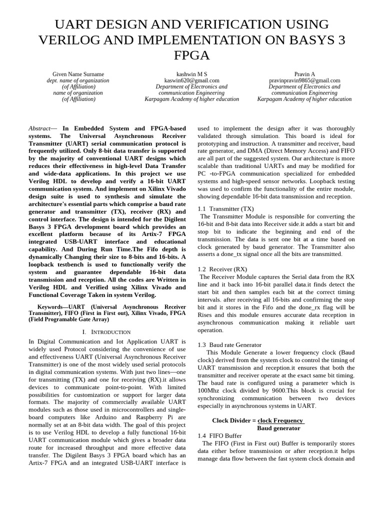Uart Design and Verification Using Verilog Implement in Basys 3 Fpga | PDF | Field Programmable ...
