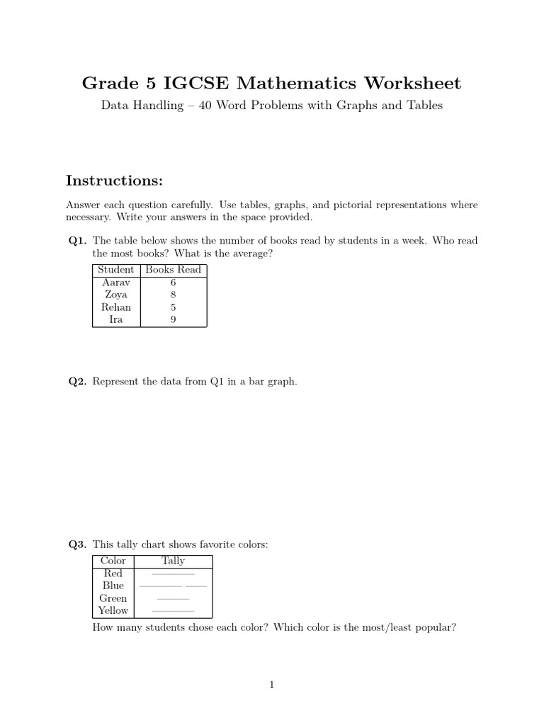 Grade 5 IGCSE Data Handling Worksheet | PDF