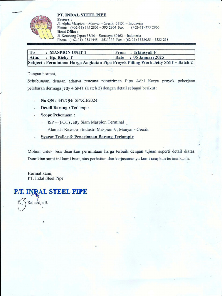 Permintaan Transport SMT - Jetty 4 Expansion (Adhi Karya) - Batch | PDF