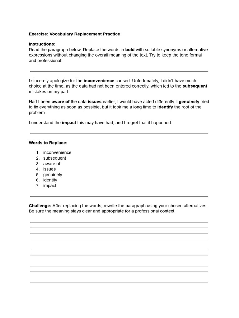 Exercise - Vocabulary Replacement Practice | PDF