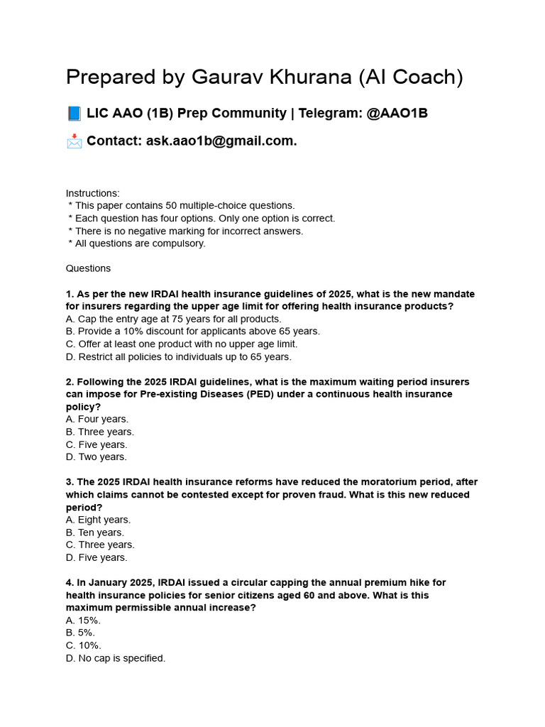 Insurance Awareness Mock Set-5 - (23!07!2025) | PDF | Insurance ...