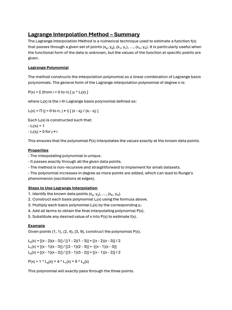 Lagrange Interpolating Formula Summary | PDF