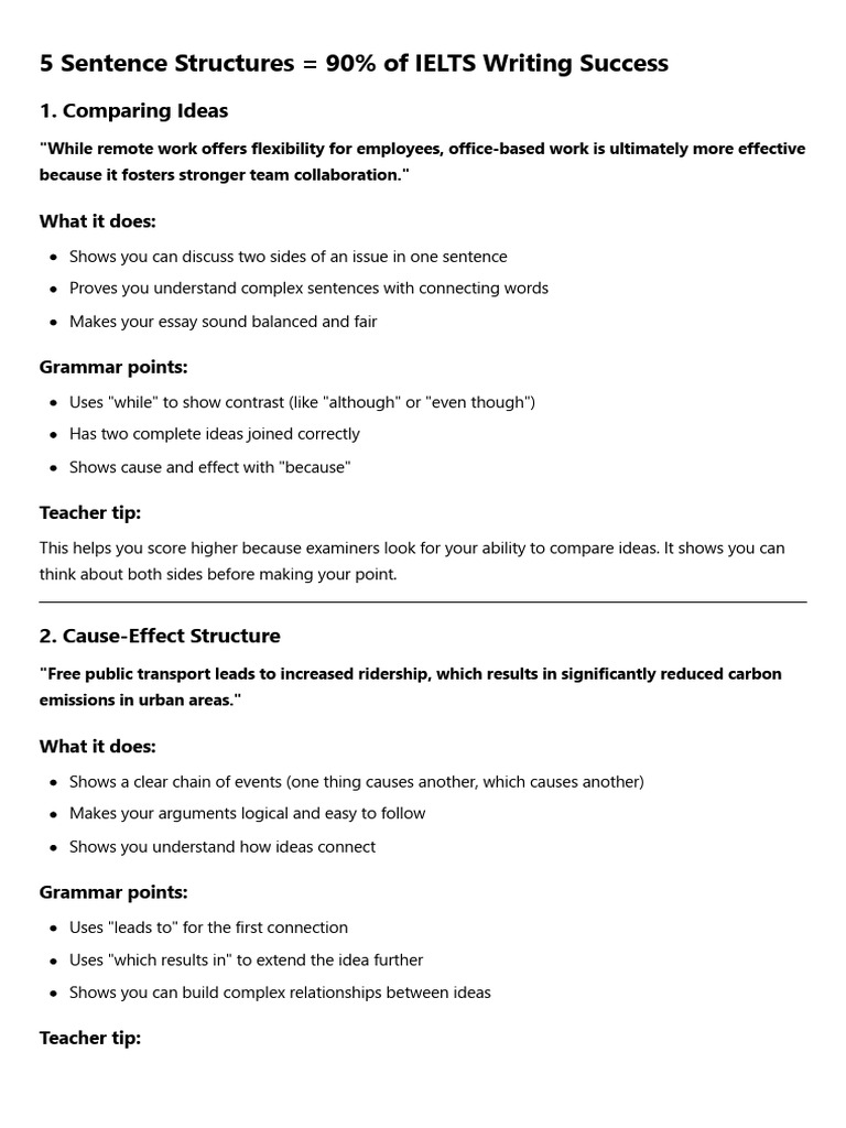5 Sentence Structures 90% of IELTS Writing Success | PDF | Essays ...