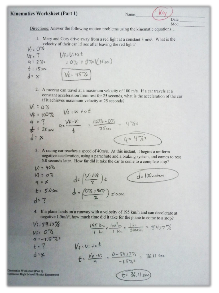 Kinematics Worksheet (Part 1) - Answer Key | PDF