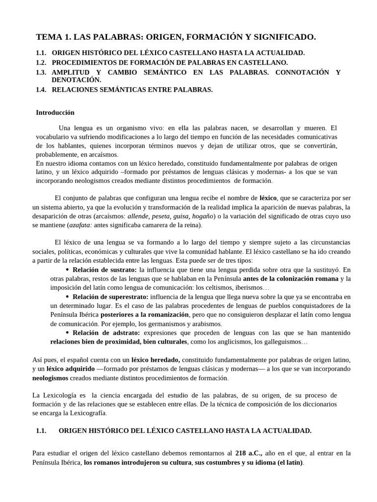 Tema 1 de Lengua LAS PALABRAS ORIGEN, FORMACIÓN Y SIGNIFICADO | PDF ...