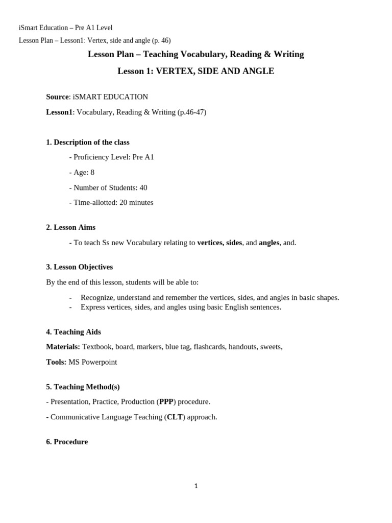 Pre A1 Lesson Plan: Shapes & Angles | PDF | Behavior Modification ...