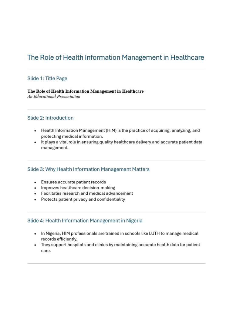 The Role of Health Information Management in Healthcare | PDF