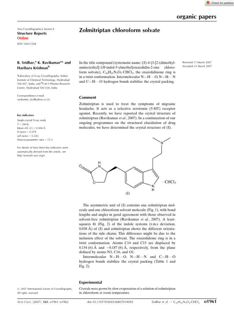 Zolmitriptan Chloroform Solvate Structure | PDF | Solvation | Applied ...