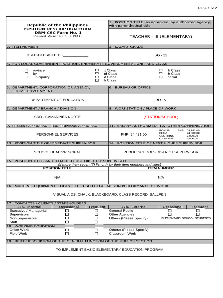 DBM-CSC Form No. 1 Position Description Forms - T3 (ELEM) (Printed Back To Back) | PDF