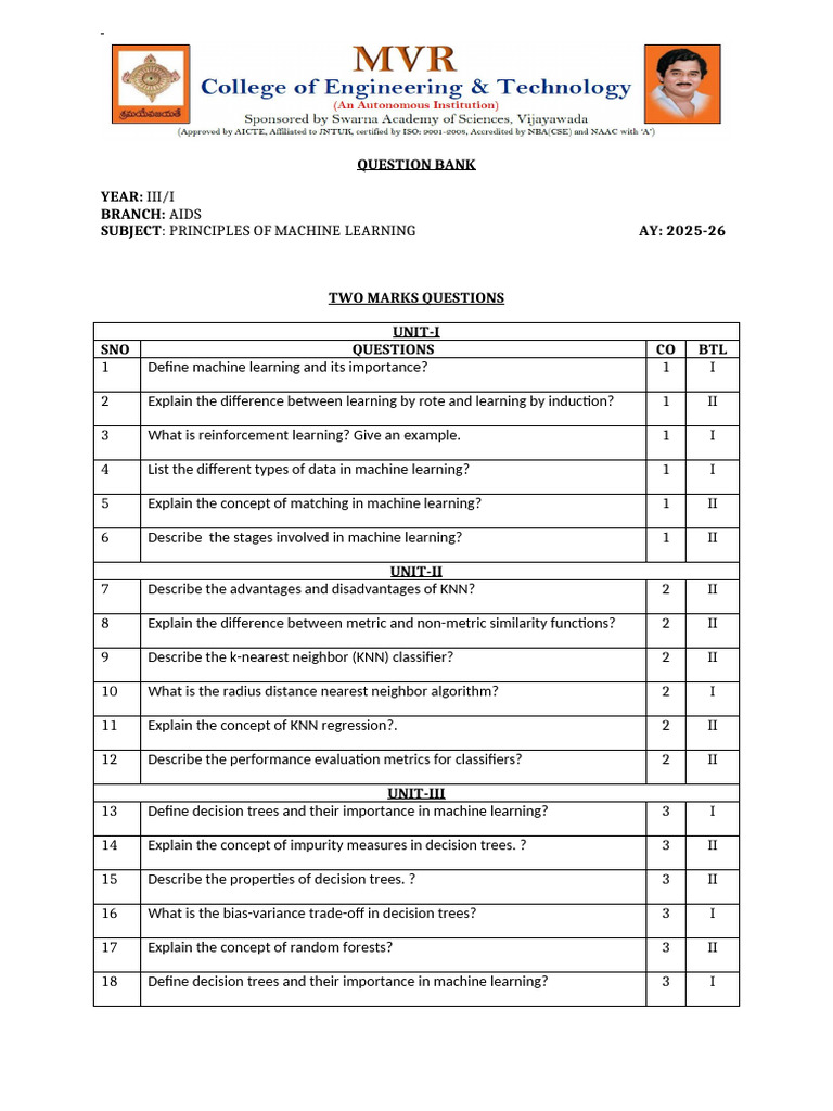 Machine Learning Principles Question Bank | PDF | Support Vector ...