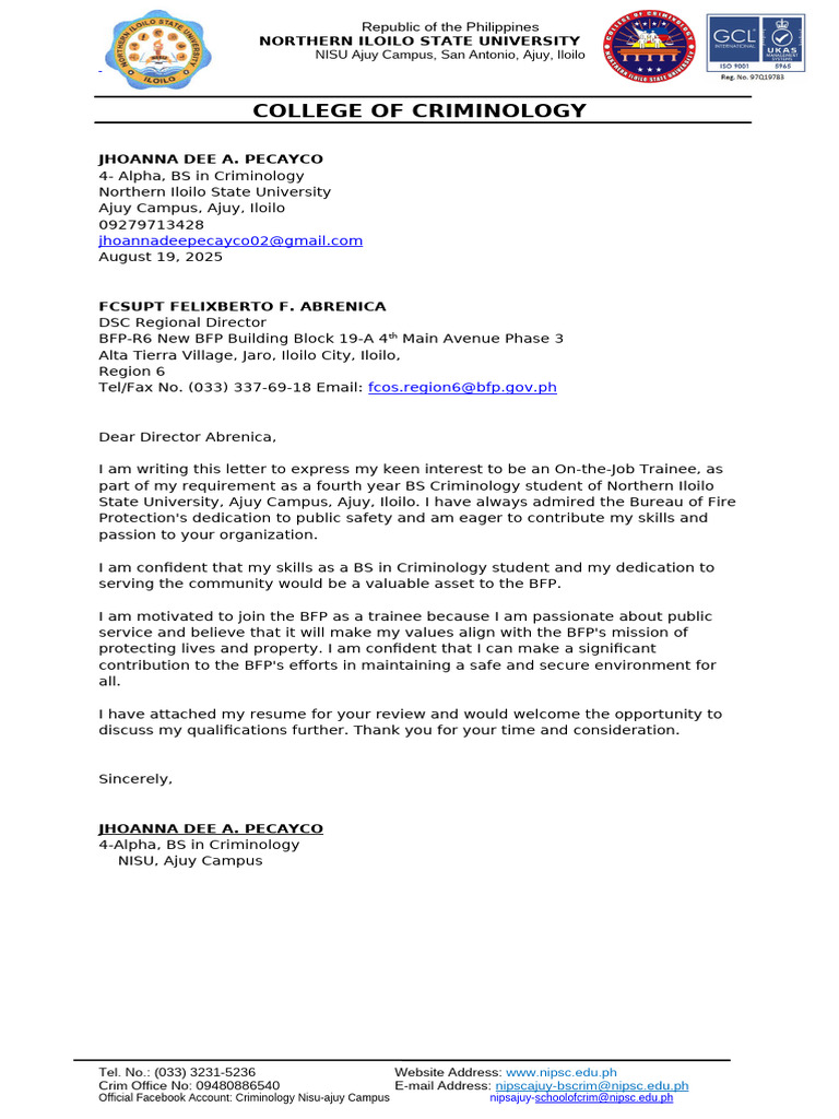 Application Letter For OJT-BFP | PDF