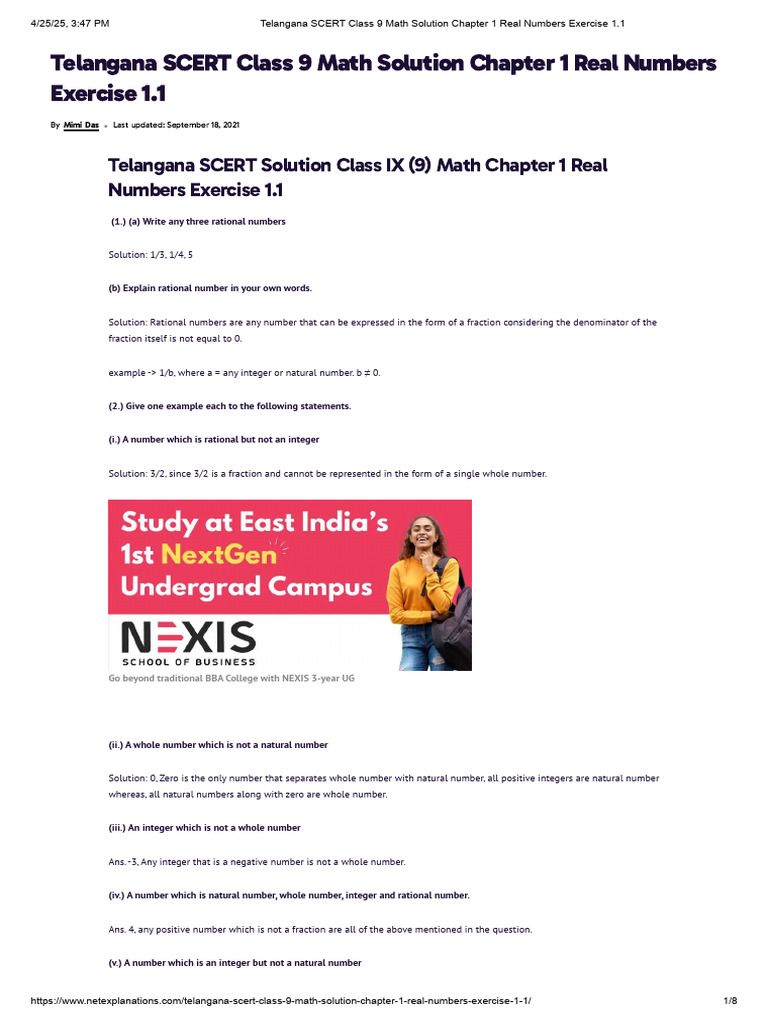 Telangana SCERT Class 9 Math Solution Chapter 1 Real Numbers Exercise 1 ...