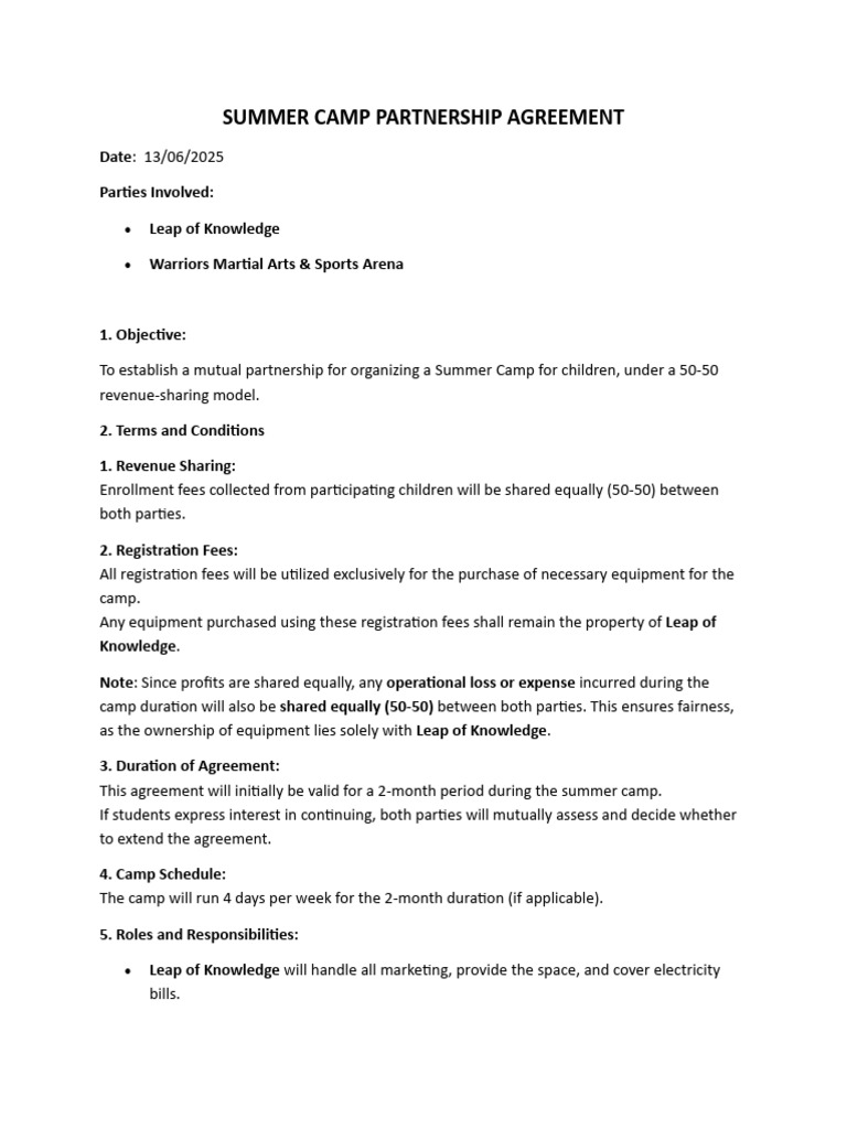 Summer Camp Partnership Agreement | PDF