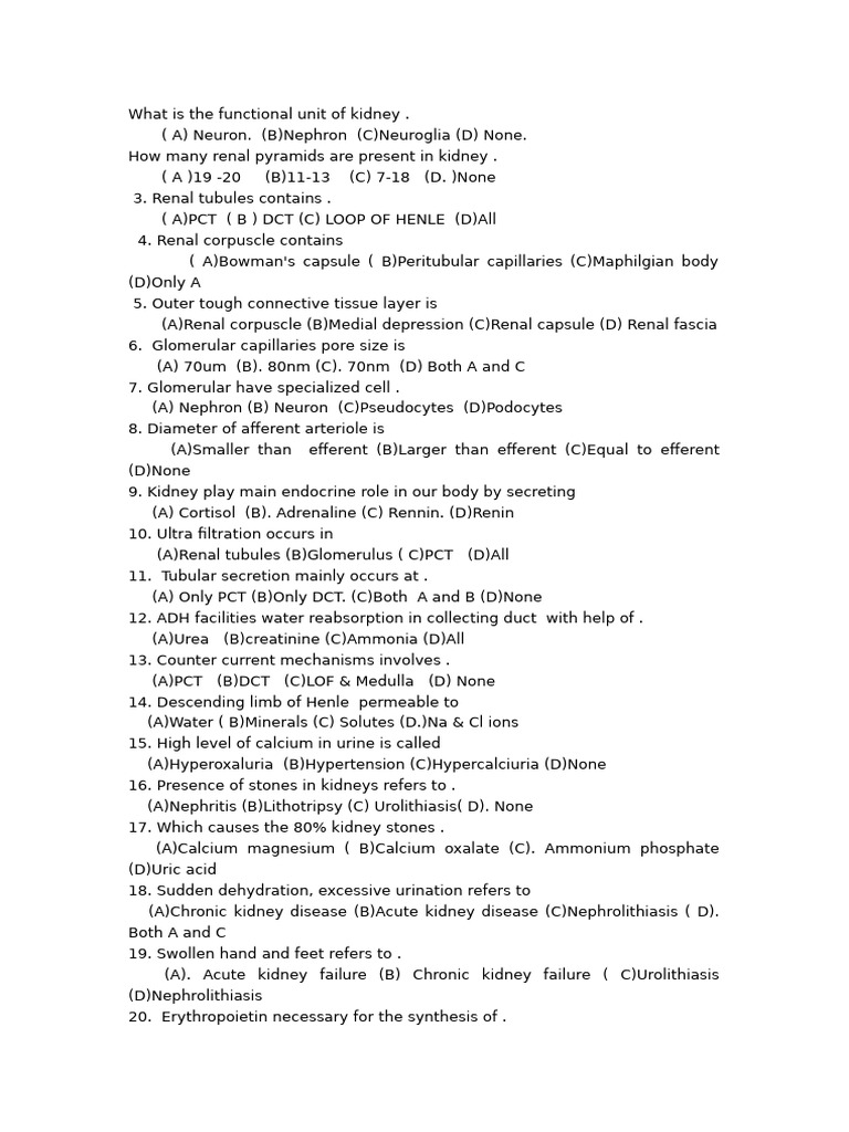 What Is The Functional Unit of Kidney - A, Neuron. B, Neph... | PDF