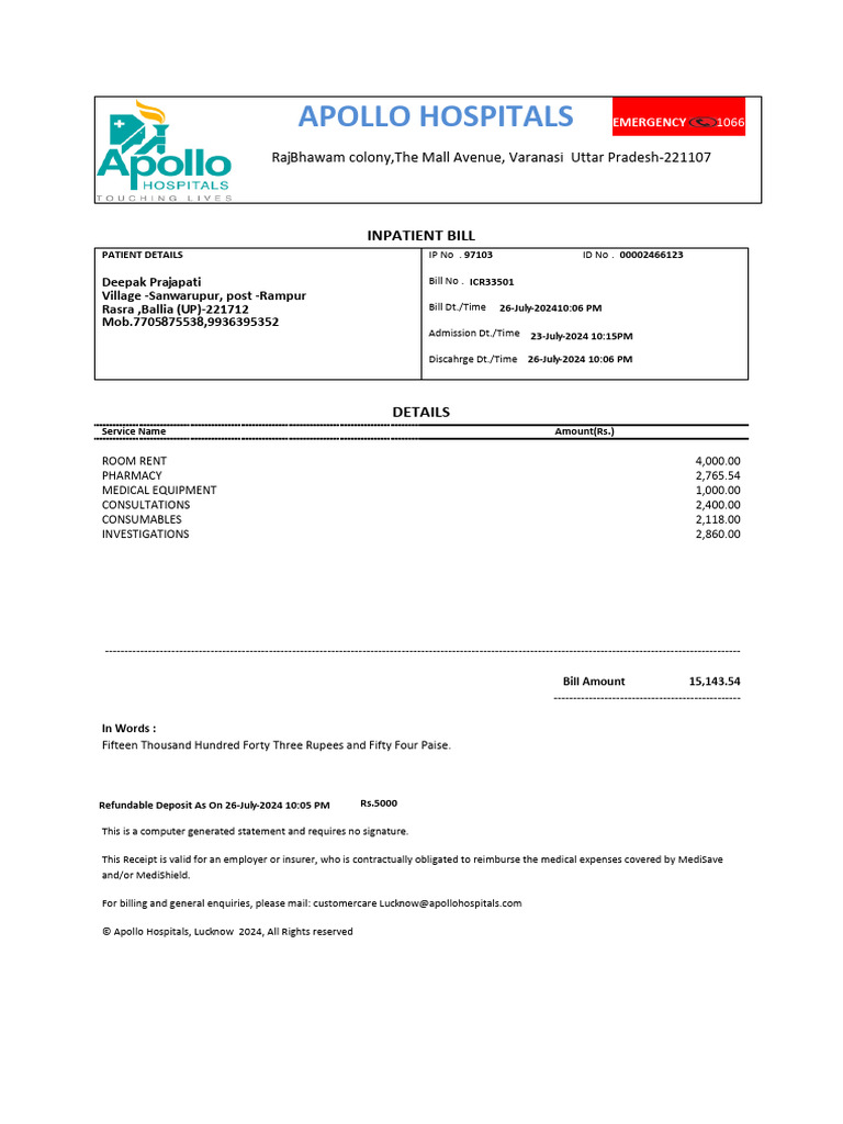 Apollo Hospitals Inpatient Bill Summary | PDF | Medicine | Service ...
