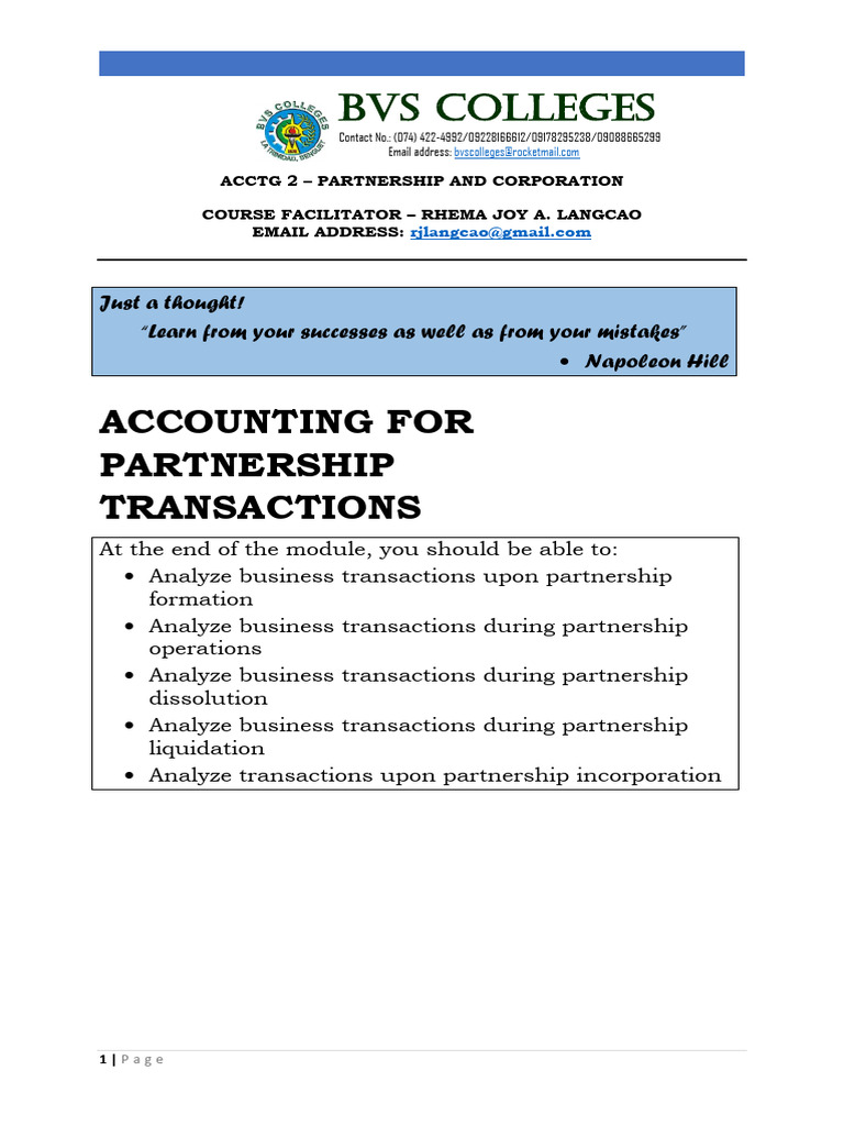 ACCTG2 Module 2a - Accounting For Partnership Formation | PDF | Debits And Credits | Partnership