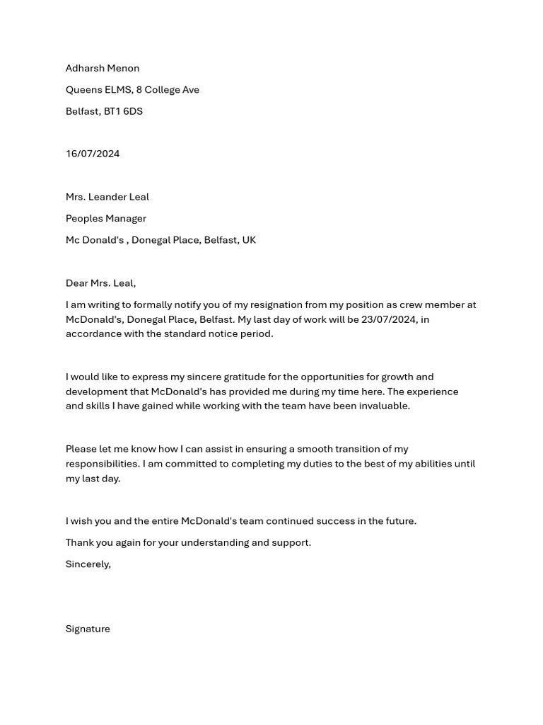 Resignation Letter Adharsh Menon | PDF