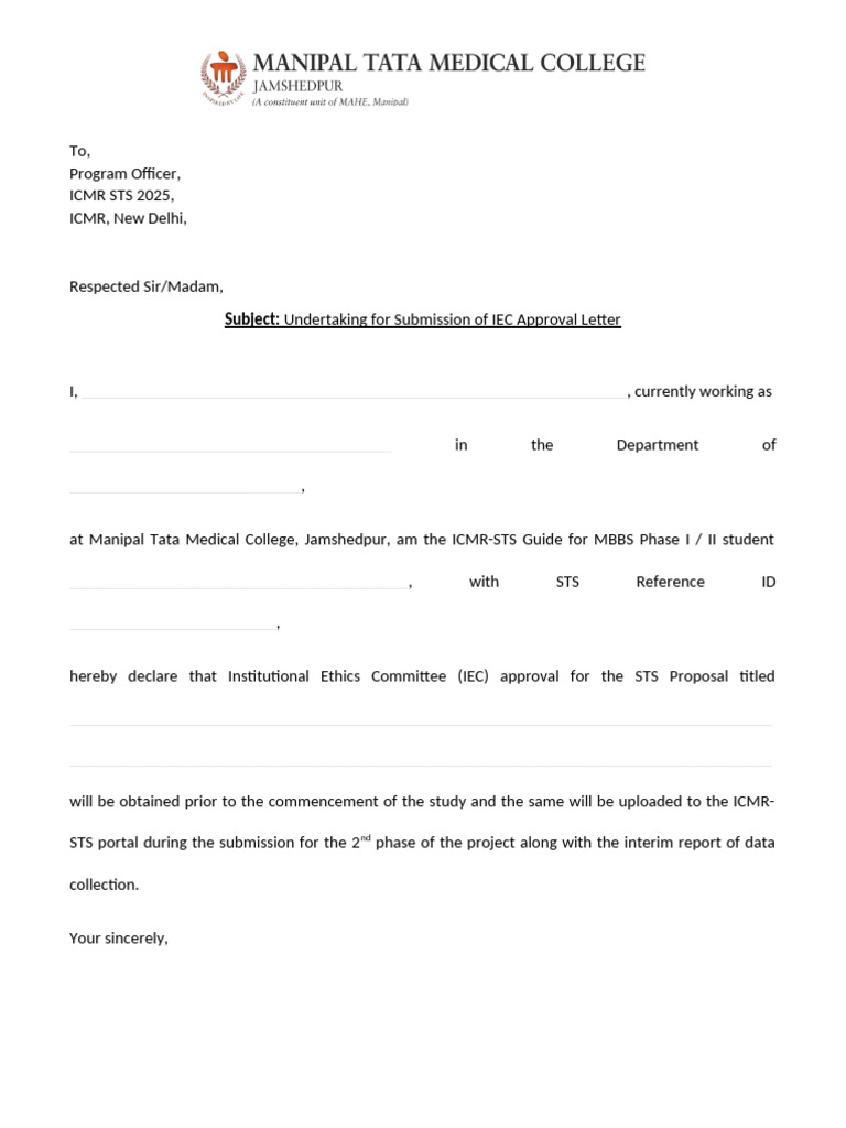 Letter of Declaration - ICMR-STS-2025 | PDF